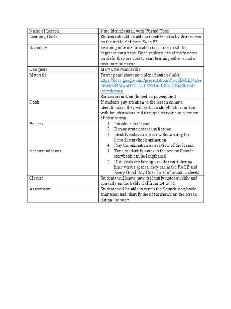 Note Identification With Wizard Toad Lesson Plan | PDF | Language Arts ...