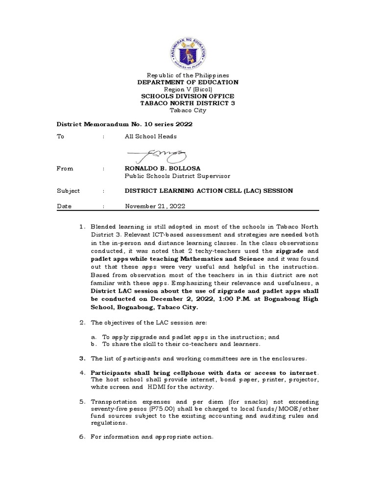 DISTRICT MEMORANDUM No. 10 Series 2022 DISTRICT LAC SESSION ...