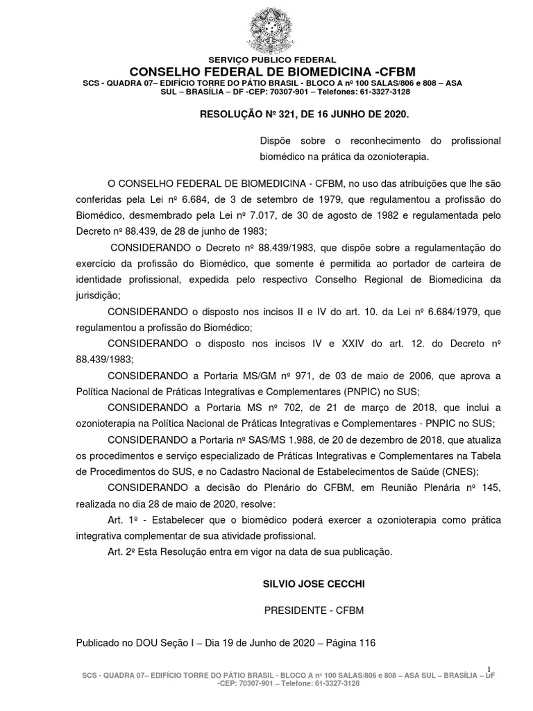 RESOLUCAO-CFBM-No-321-DE-16-JUNHO-DE-2020 OZONIOTERAPIA BIOMEDICO | PDF