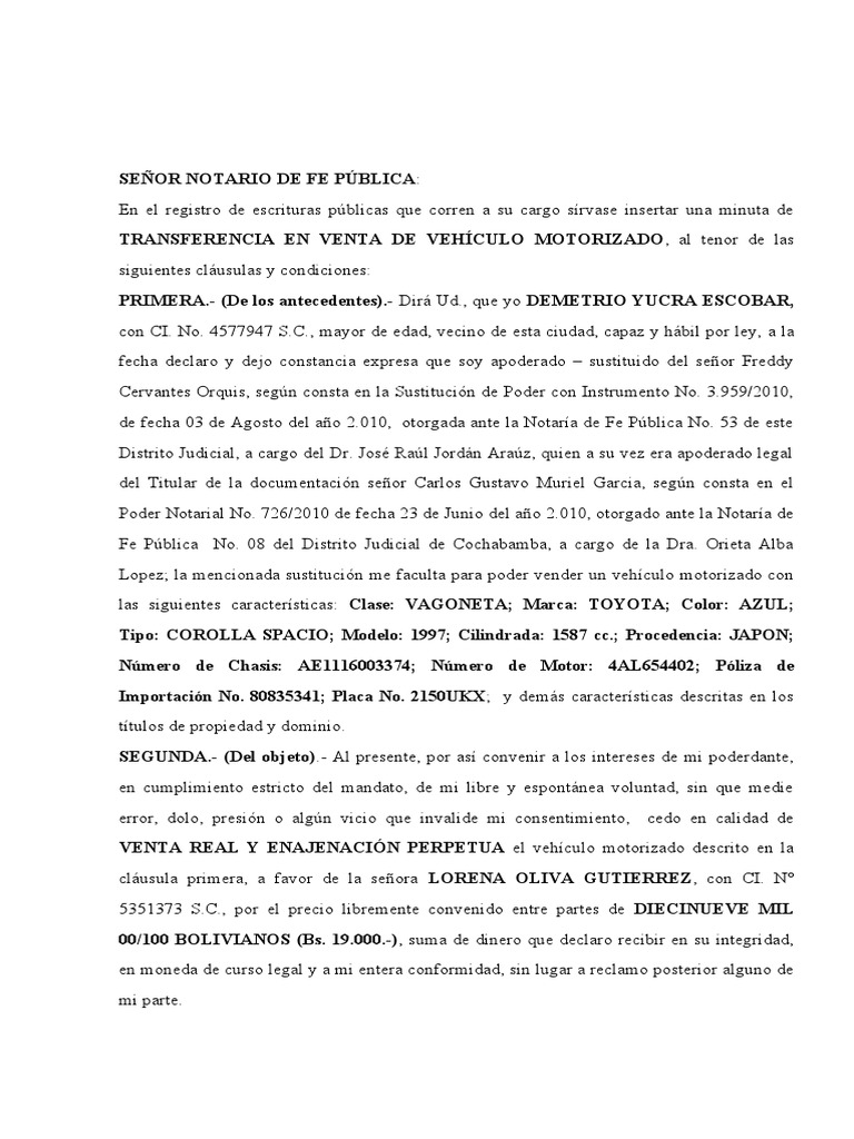01.06.11 Transferencia de Vehiculo Con Sustitucion de Poder Demetrio Yucra Escobar - Freddy ...