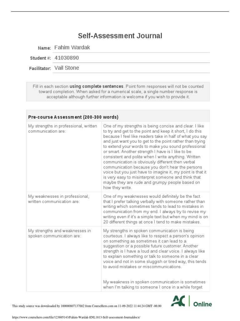 Fahim Wardak ENL1813 Self Assessment Journal | PDF | Communication ...