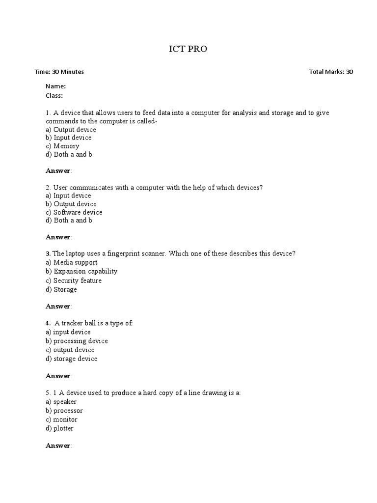 ICT-Unit 1-Test 1 | PDF | Input/Output | Laptop