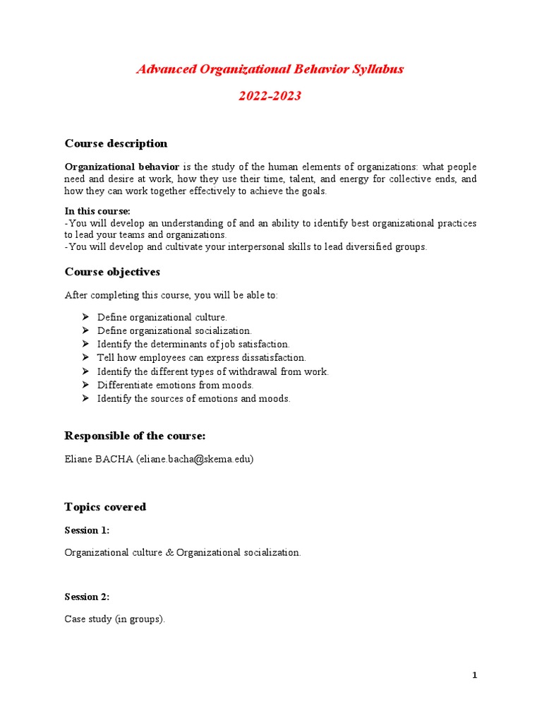 Syllabus Advanced OB 2022-2023 | PDF | Career & Growth