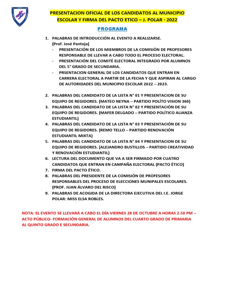 Programa de Presentacion de Candidatos Del Municipio Escolar 2022 | PDF