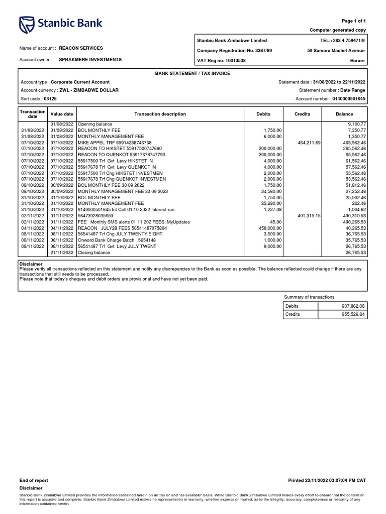 REACON SERVICES Statement | PDF | Banks | Debits And Credits