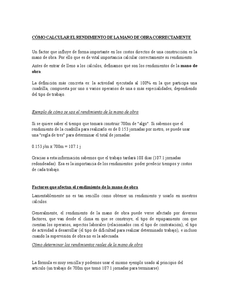 Cálculo del Rendimiento de Mano de Obra | PDF | Estadísticas | Información