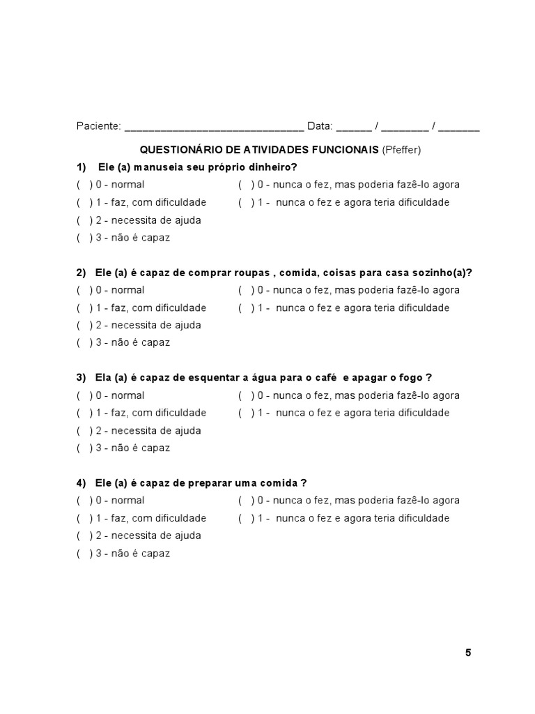 QUESTIONÁRIO DE ATIVIDADES FUNCIONAIS (Pfeffer) | PDF