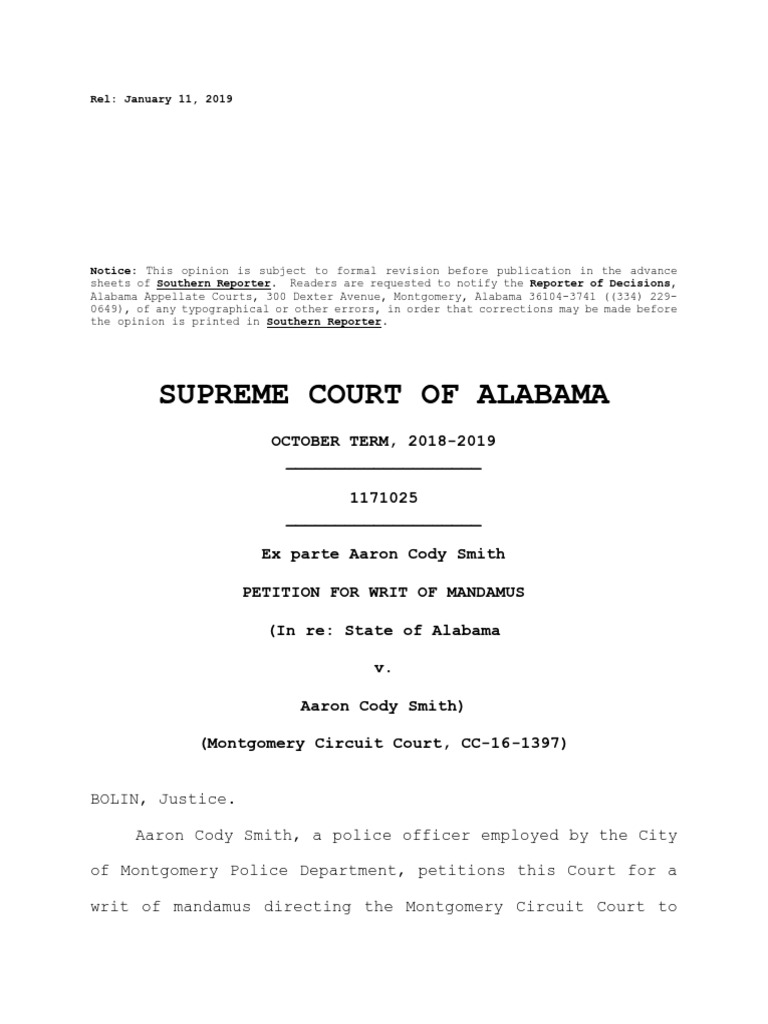 Alabama Supreme Court Ruling in Aaron Cody Smith Case | PDF | Mandamus ...