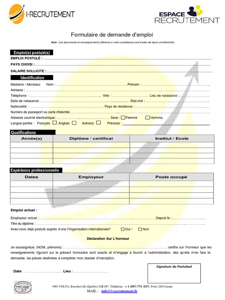 Formulaire de demande d'emploi | PDF
