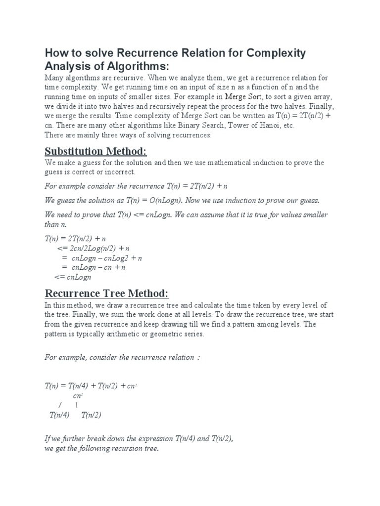 Recurrence Relation For Complexity Analysis Of Algorithms Pdf Time Complexity Recurrence