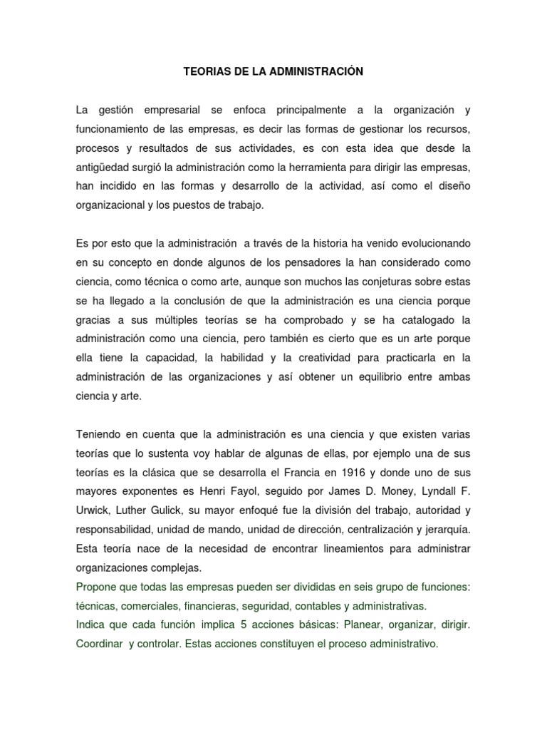 Ensayo Teorias Administrativas | PDF | Teoría