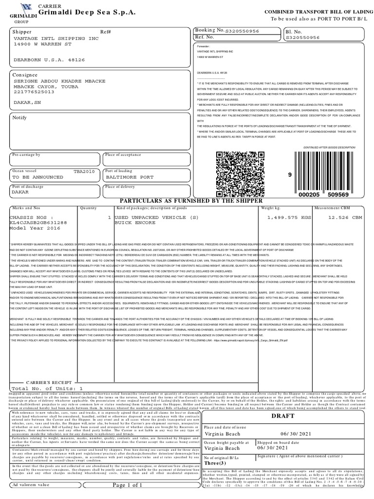 Draft BL For 2016 Buick Encore #631288 | PDF | Cargo | Bill Of Lading