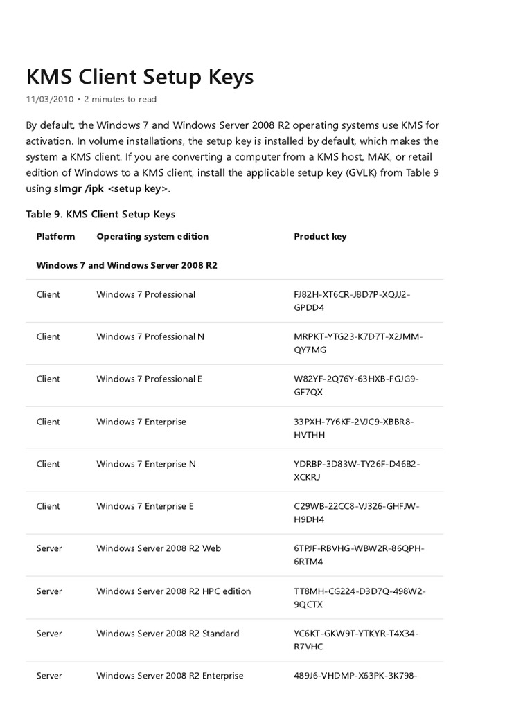 KMS Client Setup Keys - Microsoft Docs | PDF | Windows Server 2008 | Microsoft Windows