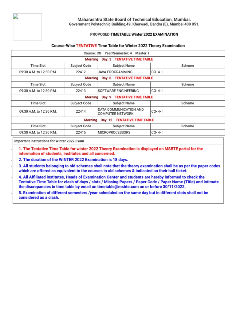 Proposed Timetable for the Winter 2022 Examination for the Computer ...