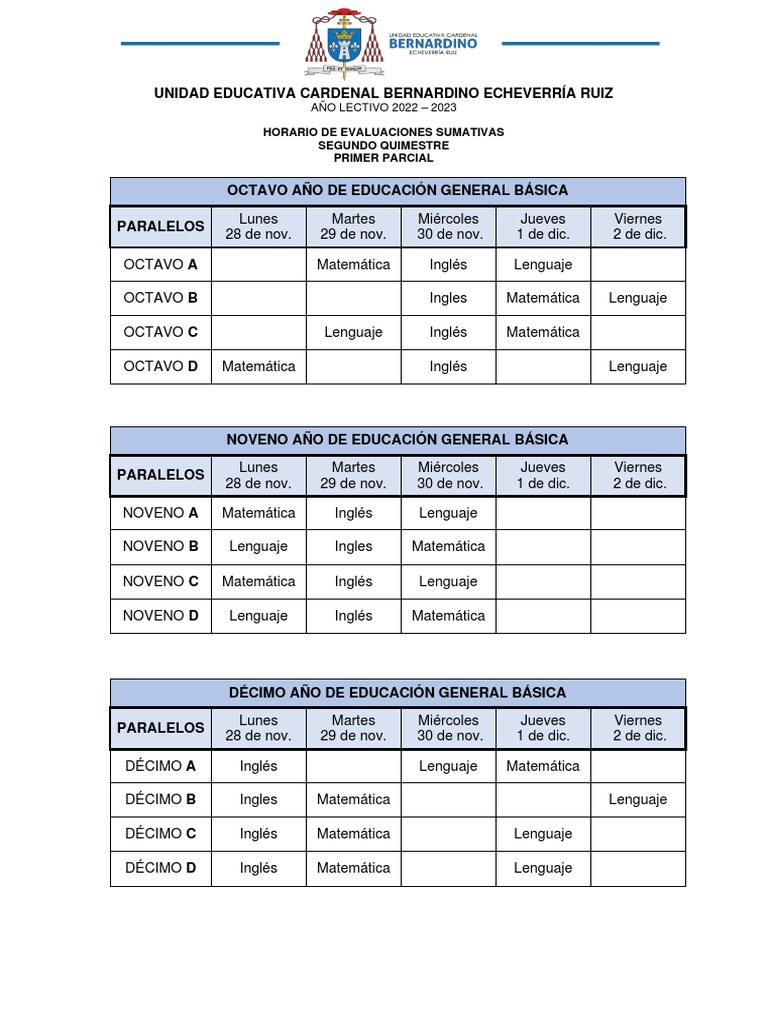 UECBER - Horario de Sumativas 2Q - 1P 8VO A 2DO BACHI | PDF