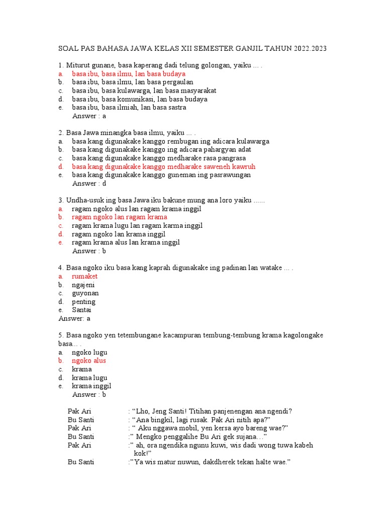 Soal Ujian Bahasa Jawa Kelas Xii Semester Ganjil 2022.2023 | PDF