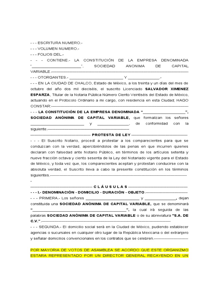 Modelo de Acta Constitutiva de Una Sa de CV | PDF | Sociedad de responsabilidad limitada ...