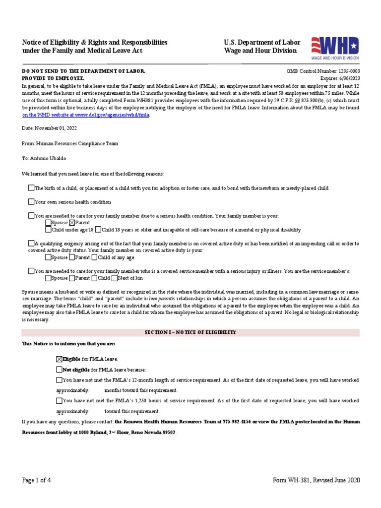 FAMILY MEMBER Notice of Eligibility Rights & Resp Template (WH-381 Exp ... FAMILY MEMBER Notice of Eligibility Rights & Resp Template (WH-381 Exp ...