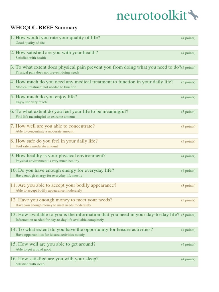 NeurologyToolKit_WHOQOL-BREF_Score_Report | PDF | Health Care | Cognitive Science