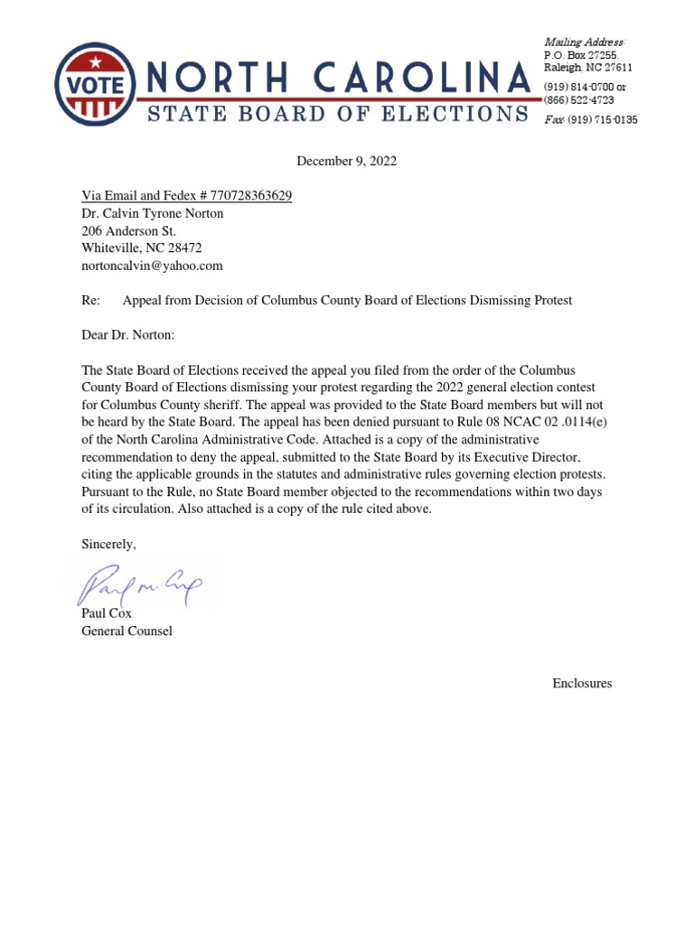 NCSBE Notice of Appeal Denial - Norton - 20221209 | PDF