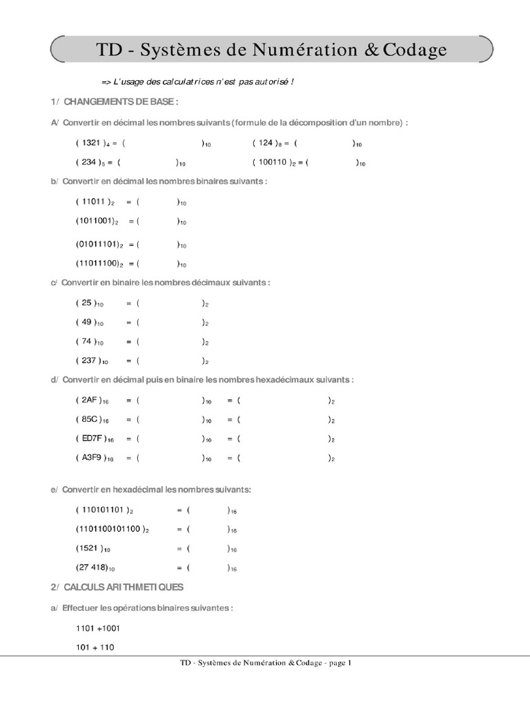 TD Systeme Numeration Et Codage - Printable | PDF