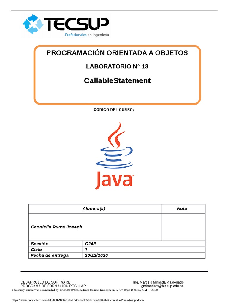 Lab 13 CallableStatement 2020 2 Cconislla Puma Joseph | PDF ...