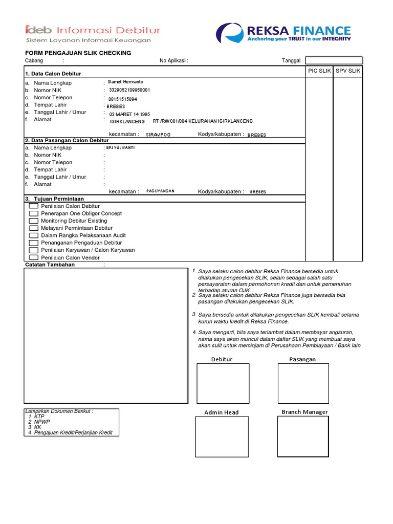 Formulir Pengajuan SLIK Debitur | PDF | Pengelolaan Keuangan & Uang