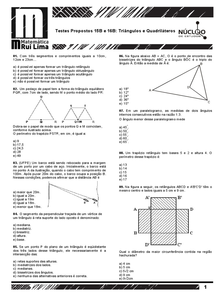 Testes Propostos 15B e 16B - Triângulos e Quadriláteros | PDF ...