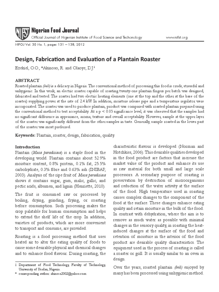 Design, Fabrication and Evaluation of A Plantain Roaster | PDF | Heat ...