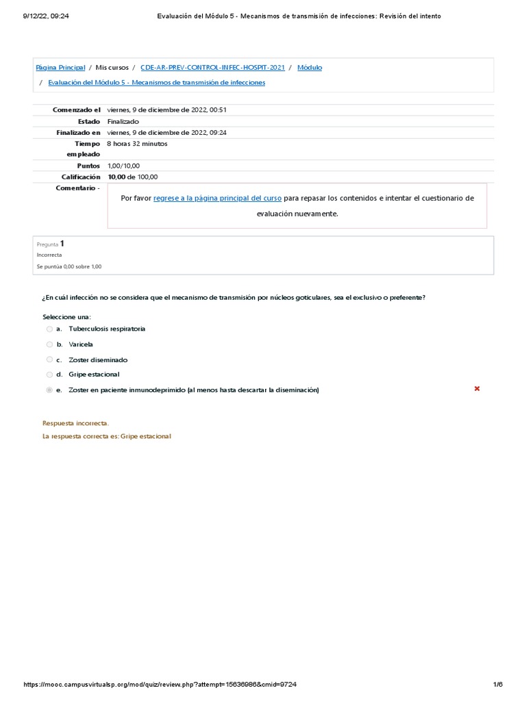 Evaluación Del Módulo 5 - Mecanismos de Transmisión de Infecciones - Revisión Del Intento 1 ...