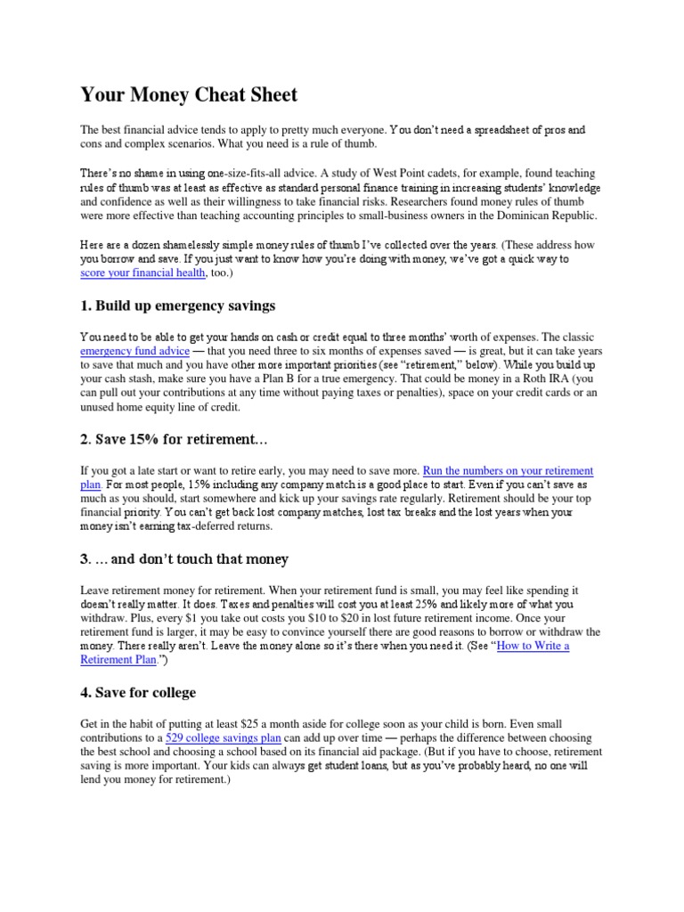Your Money Cheat Sheet | PDF | Mortgage Loan | Debt