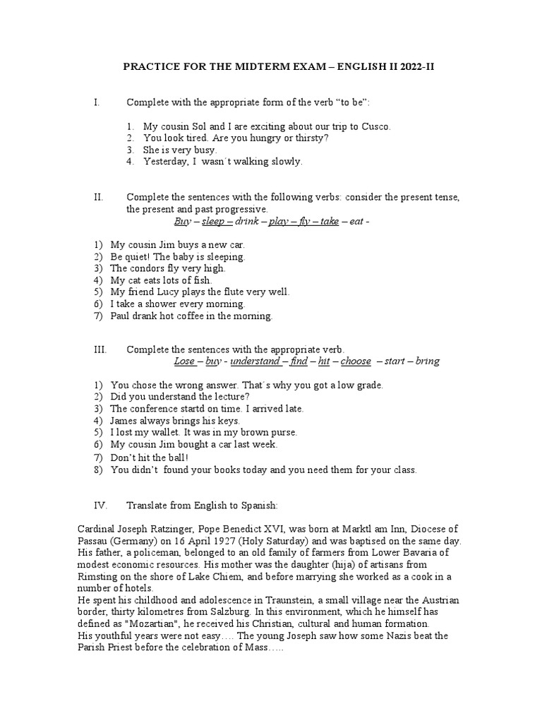 Practice Midterm Exam - English II. 2022.2 | PDF | Pope Benedict Xvi ...