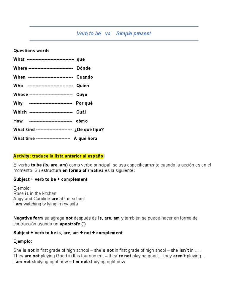 Verb To Be Vs Simple Present With Activities | PDF | English Language | Syntax