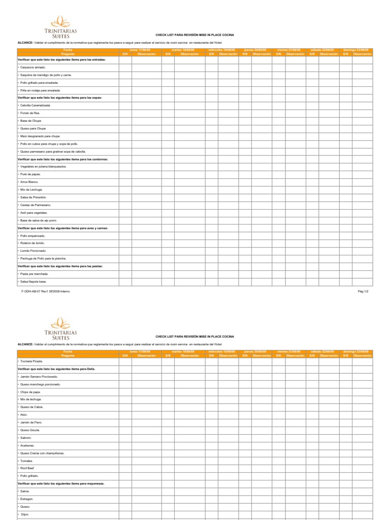 Formato Check List Mise in Place Cocina | PDF | Ingredientes de comida ...