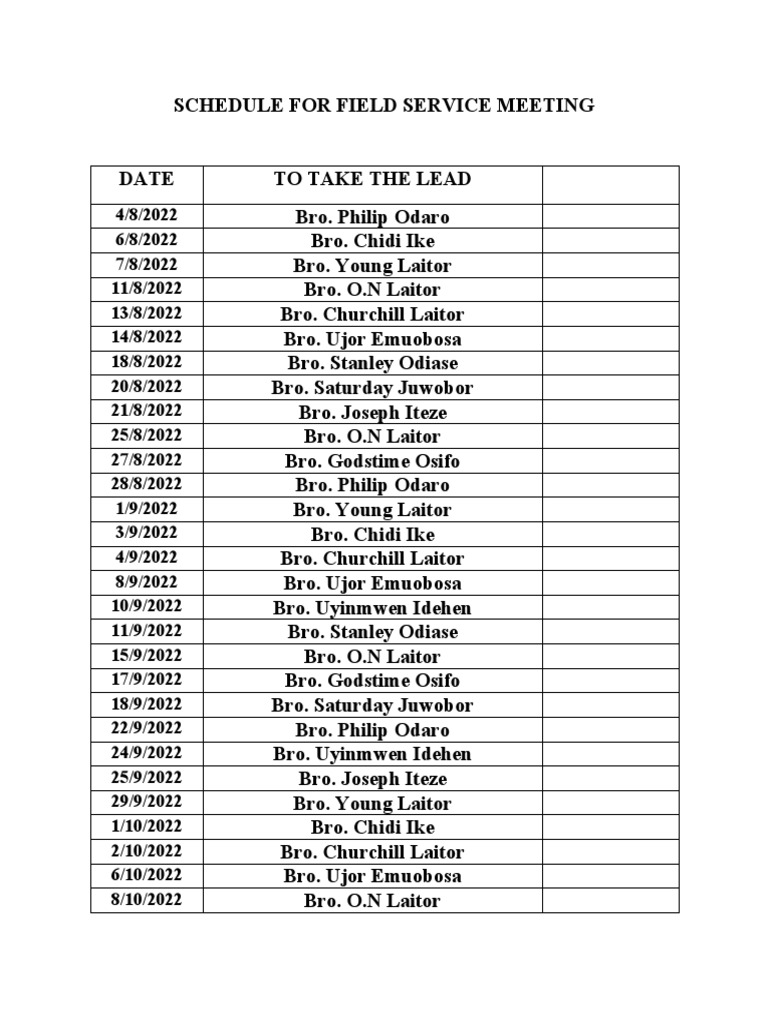 Schedule For Field Service Meeting | PDF