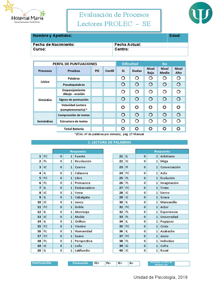 Evaluación de Procesos Lectores PROLEC | PDF