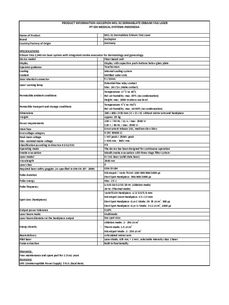 Spec - Asclepion MCL 31 Dermablate | PDF | Laser | Electrical Engineering