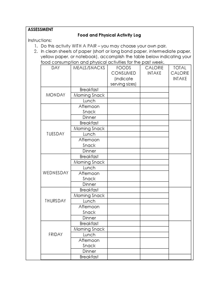 Food and Physical Activity Log | Download Free PDF | Lunch | Dinner