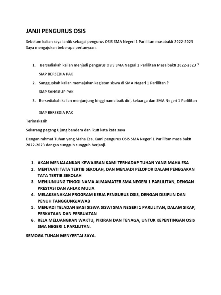 Janji Pengurus Osis | PDF