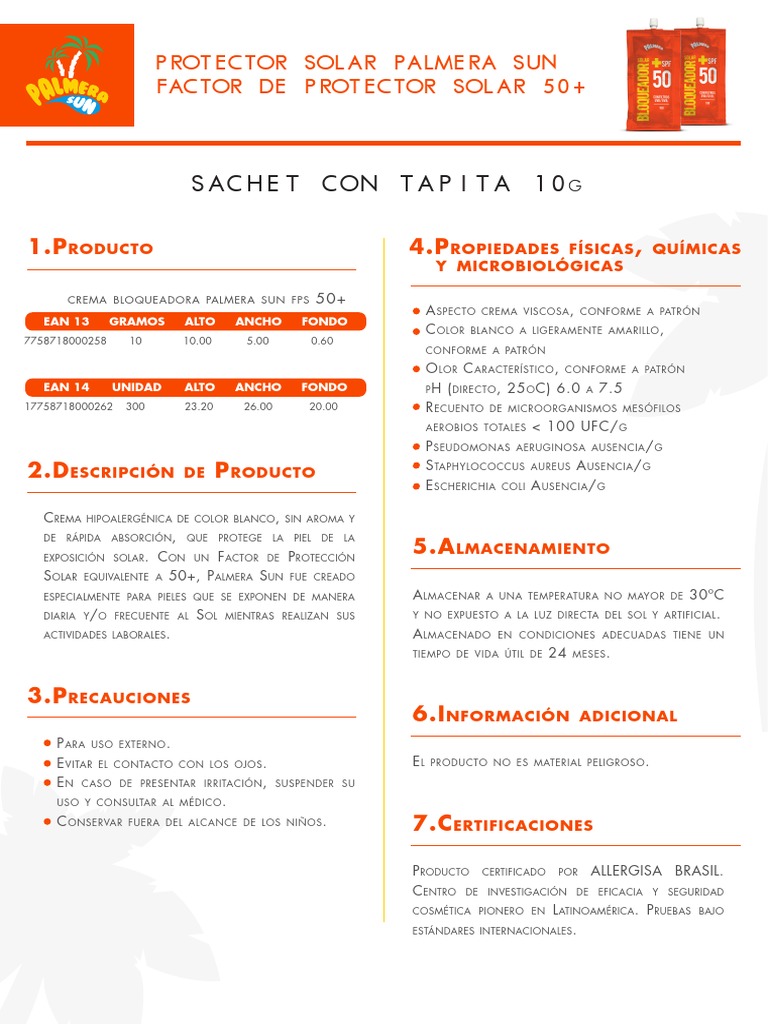 Bloqueador Sin Aroma FPS 50+ Palmera Sun | PDF | Piel | Química