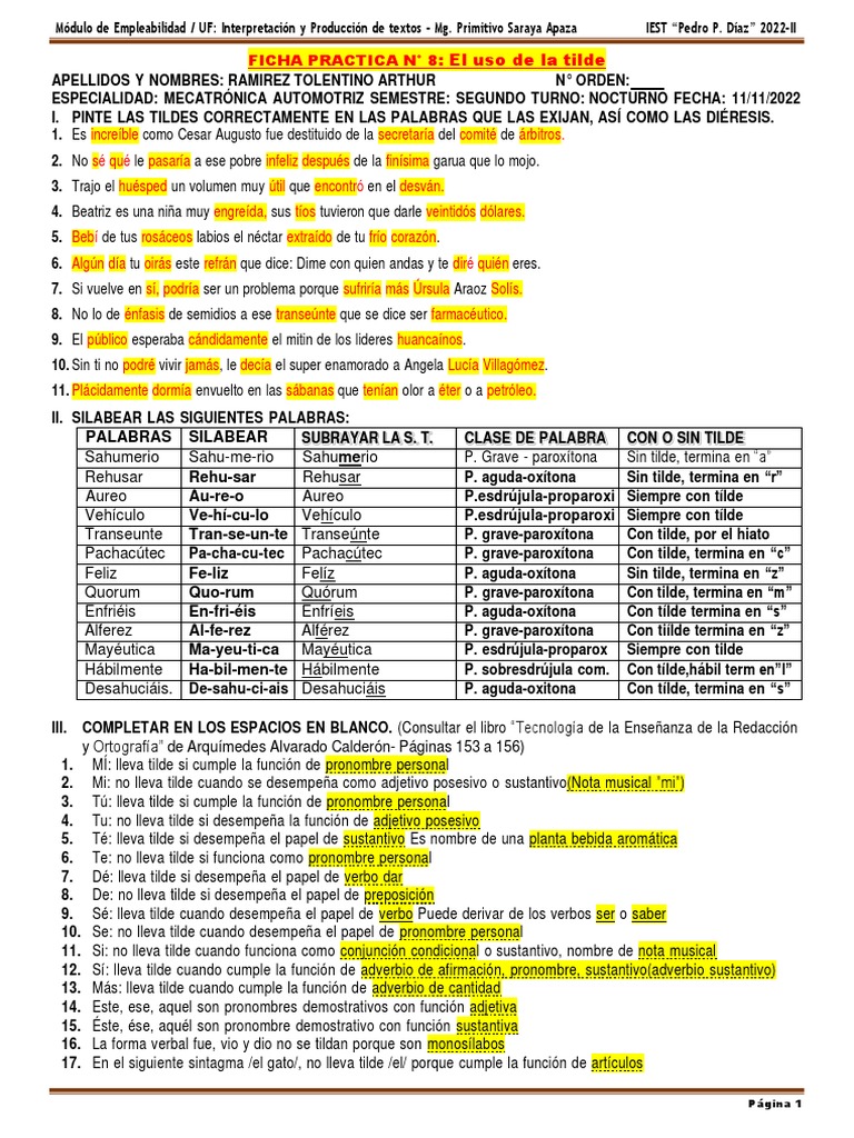 FICHA 08 - Taller Sobre La Ortografía Acentual | PDF | Adverbio | Escritura