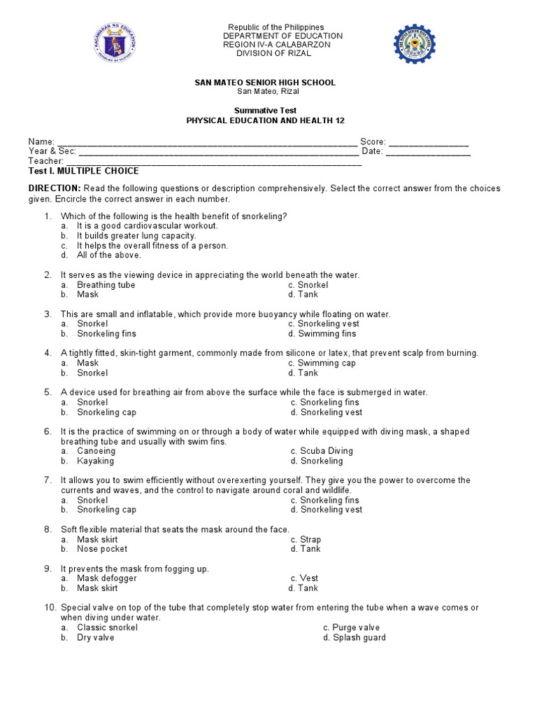 3rd QTR - Summative Test in PE12-Week 3-4 | PDF | Snorkeling | Water Sports