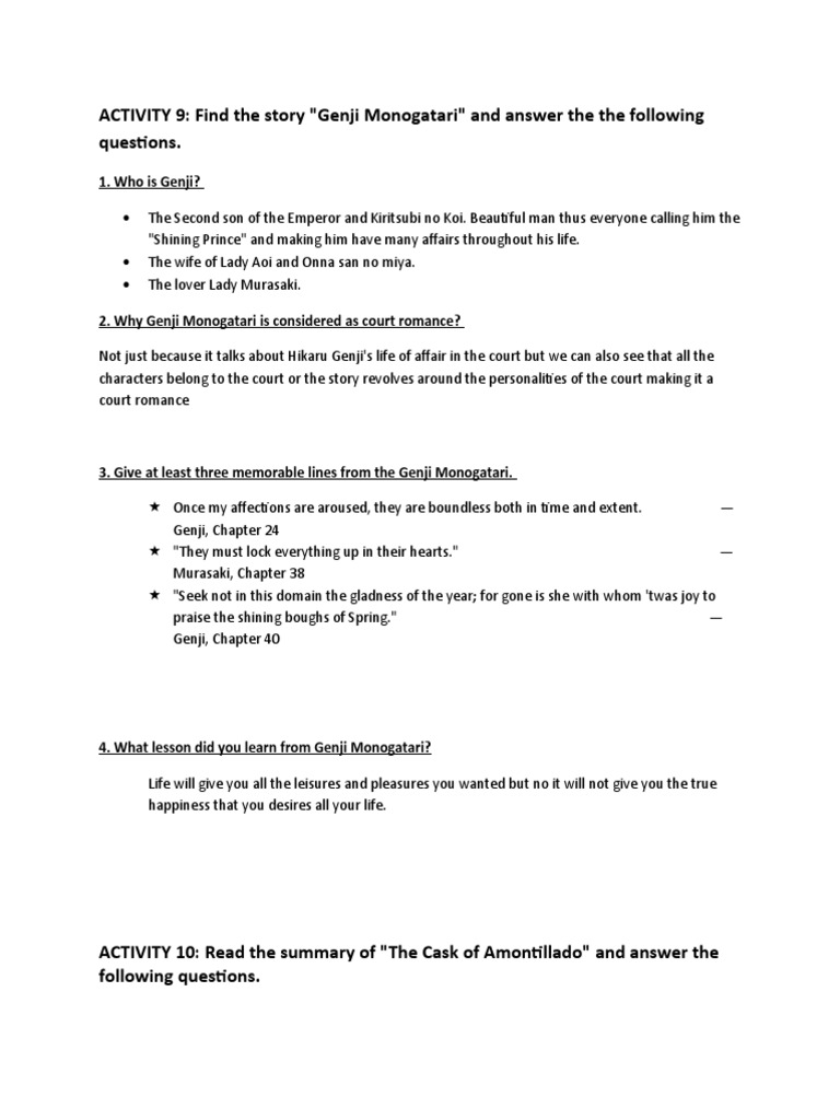 ACTIVITY 9: Find The Story "Genji Monogatari" and Answer The The ...