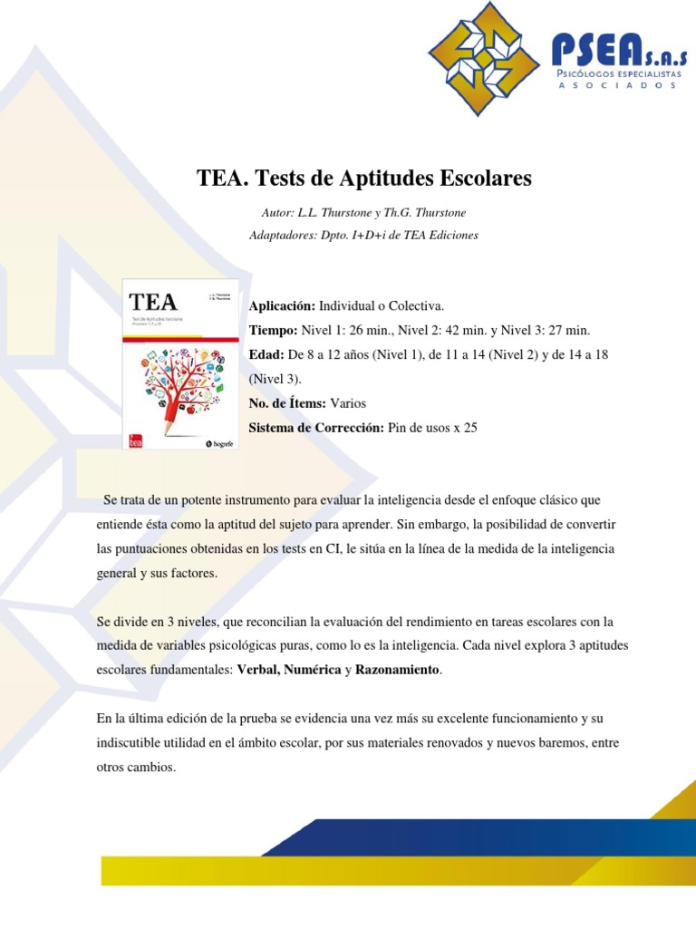 TEA. Tests de Aptitudes Escolares | PDF