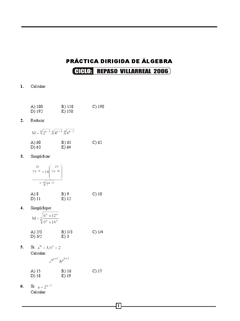 Algebra - 1° Practica Dirigida | PDF | Álgebra Algebra - 1° Practica Dirigida | PDF | Álgebra