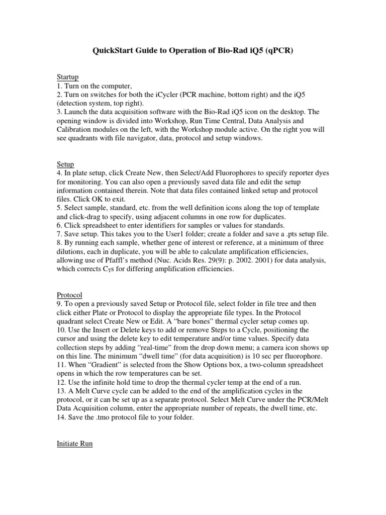 Quick Start Guide To Operation of Bio-Rad Iq5 (QPCR) | PDF | Real Time ...
