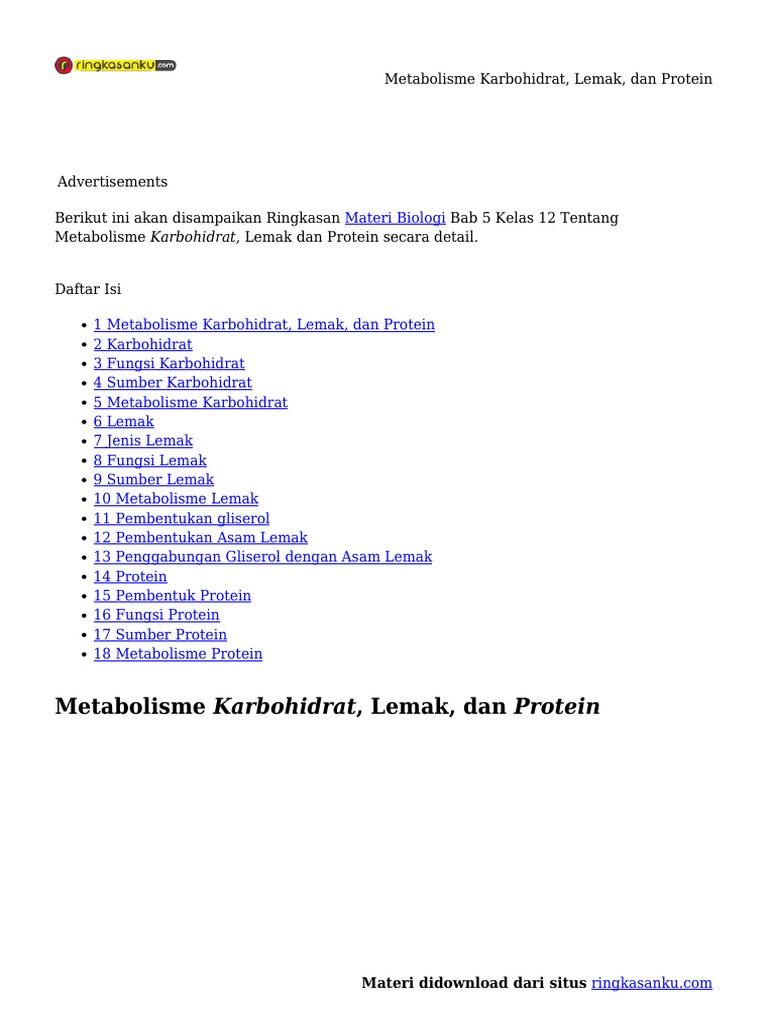Metabolisme Karbohidrat, Lemak, Dan Protein | PDF