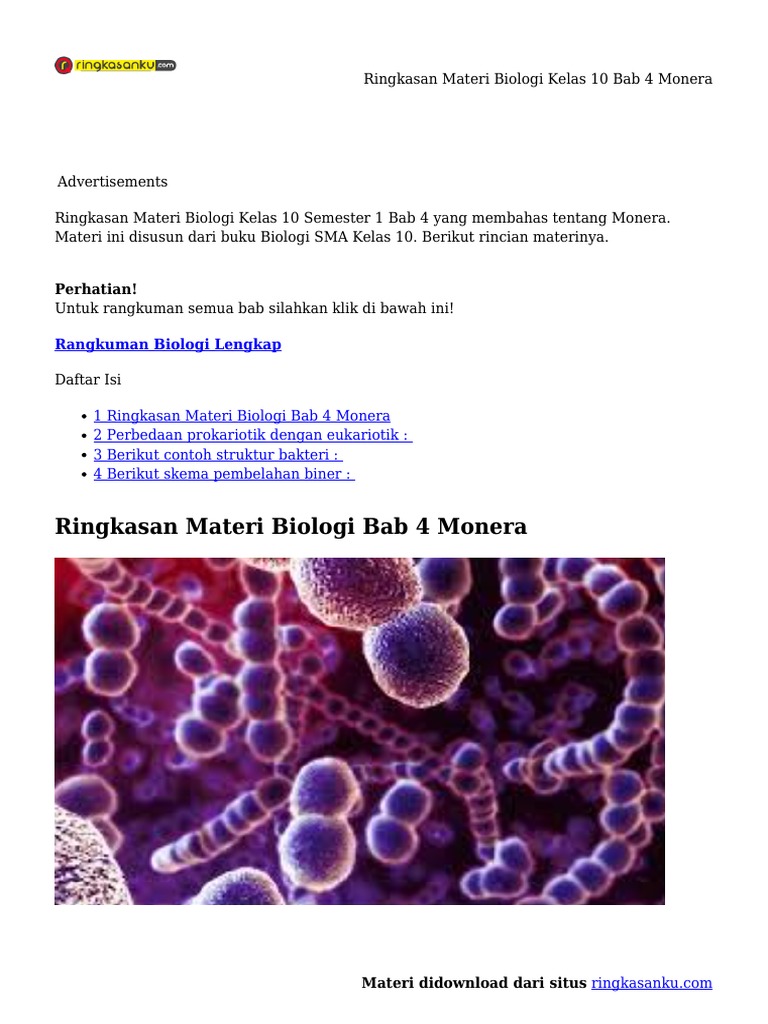 Ringkasan Materi Biologi Kelas 10 Bab 4 Monera | PDF