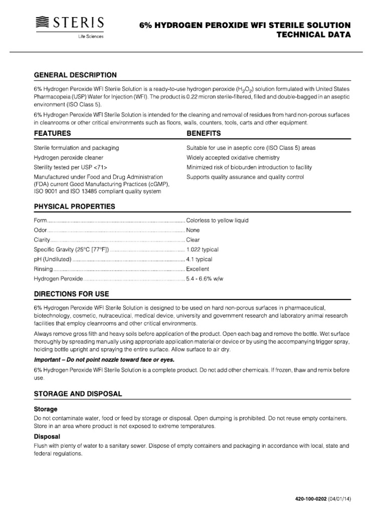 STERIS - 6 Hydrogen Peroxide WFI Sterile Solution - TDS - 420 100 0202A ...