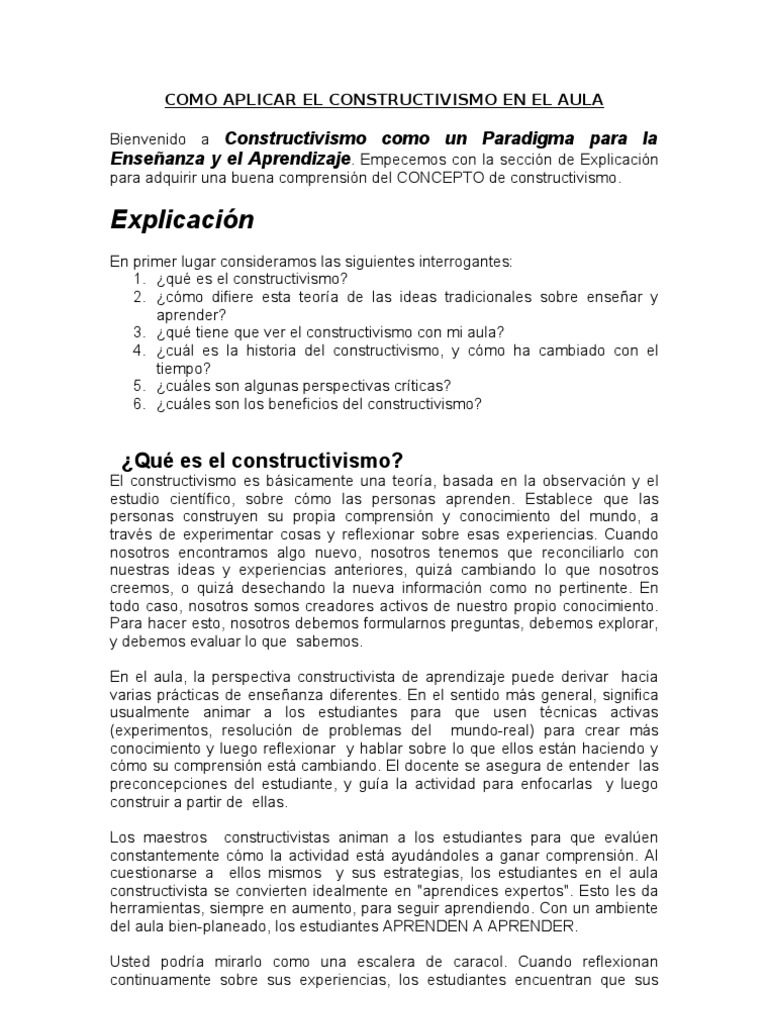 Constructivismo en El Aula | PDF | Constructivismo (filosofía de la educación) | Aprendizaje